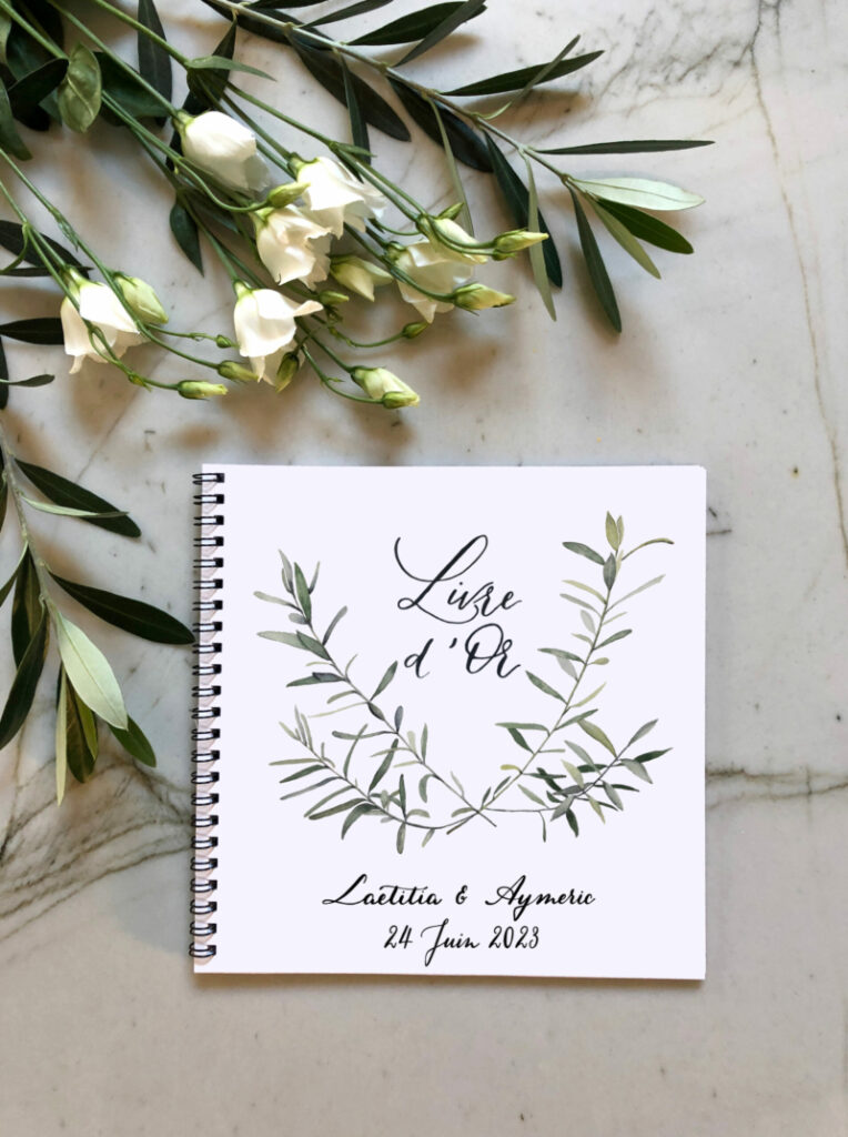 livre d'or mariage aquarelle branches d'olivier à spirales personnalisé ...
